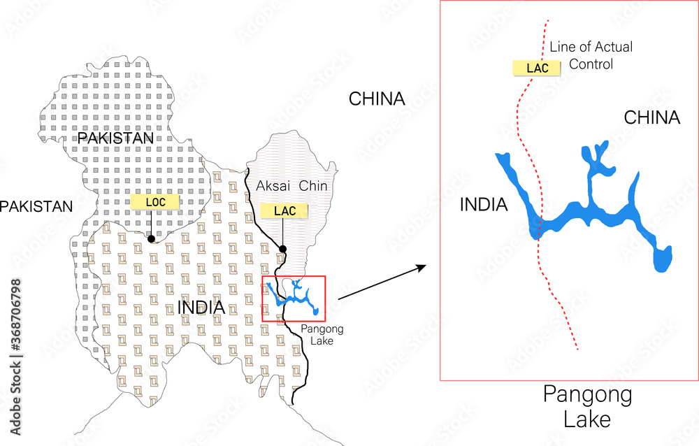 border of India and China map. line of actual control or LAC. Map of ...