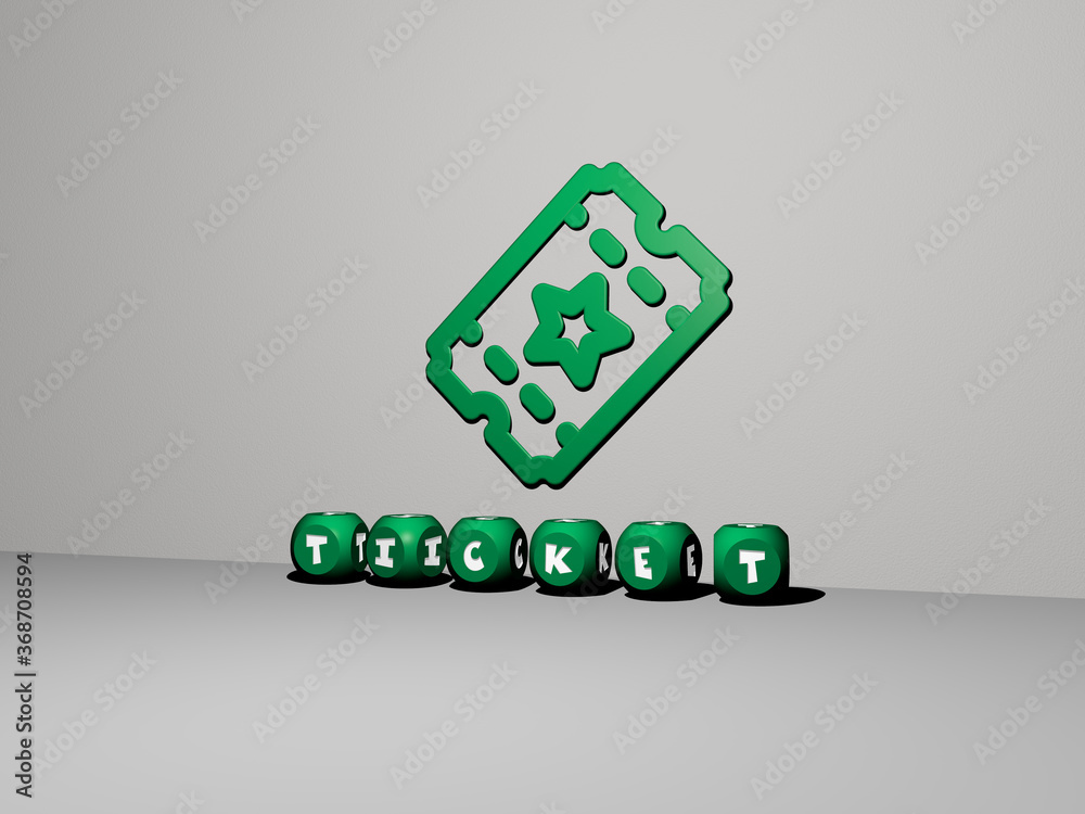 3D graphical image of ticket vertically along with text built by ...