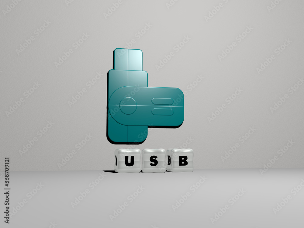 3D illustration of usb graphics and text made by metallic dice letters ...
