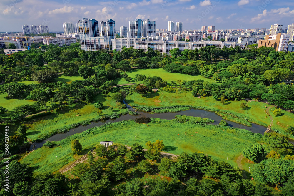 Super panoramic view of public neighbourhood greenery, with typical ...