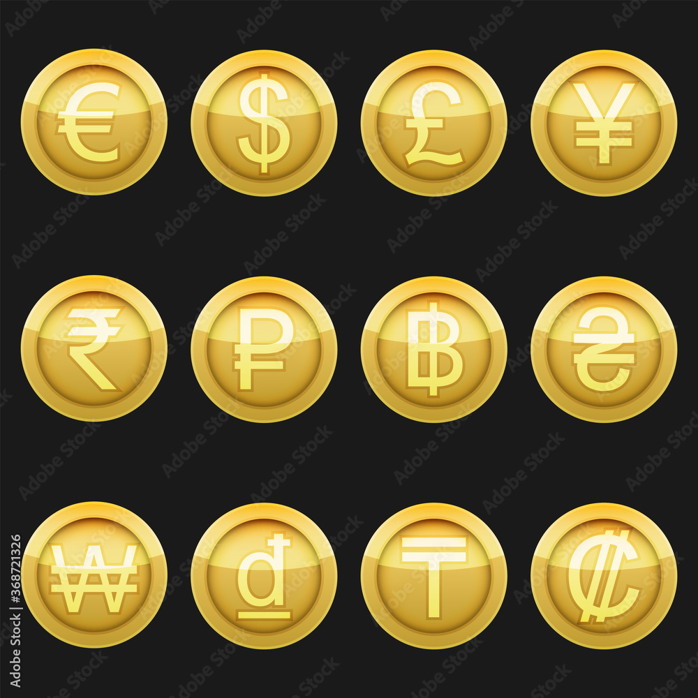 Currency coins symbols icons metallic golden with highlights set. A set ...