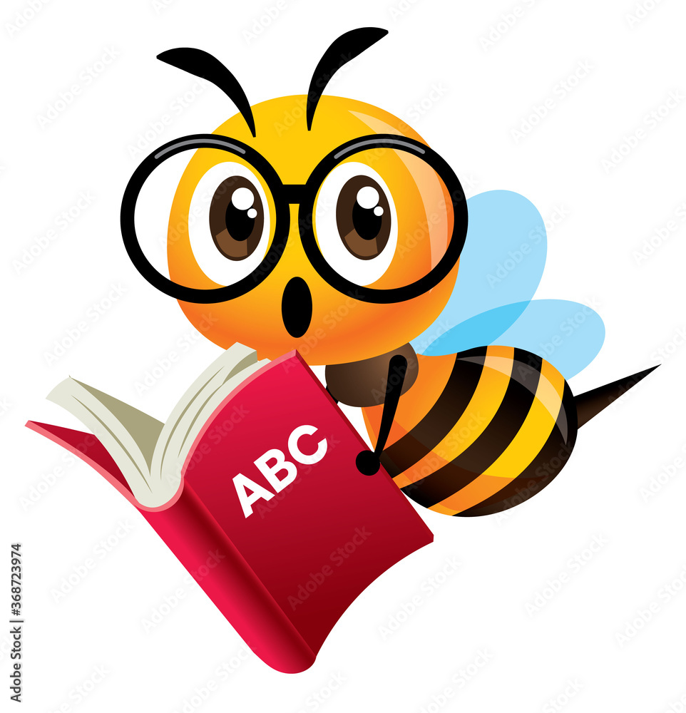 Cartoon cute bee with big glasses mascot carrying a red study book. Bee ...
