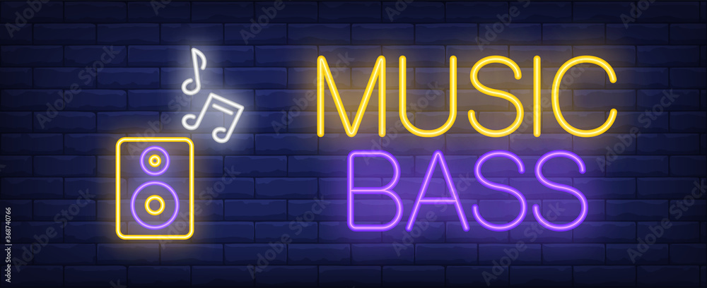 Music bass neon text and speaker with notes. Disco or concert ...