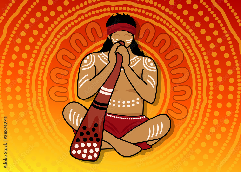 Aboriginal man playing a traditional musical instrument didgeridoo ...