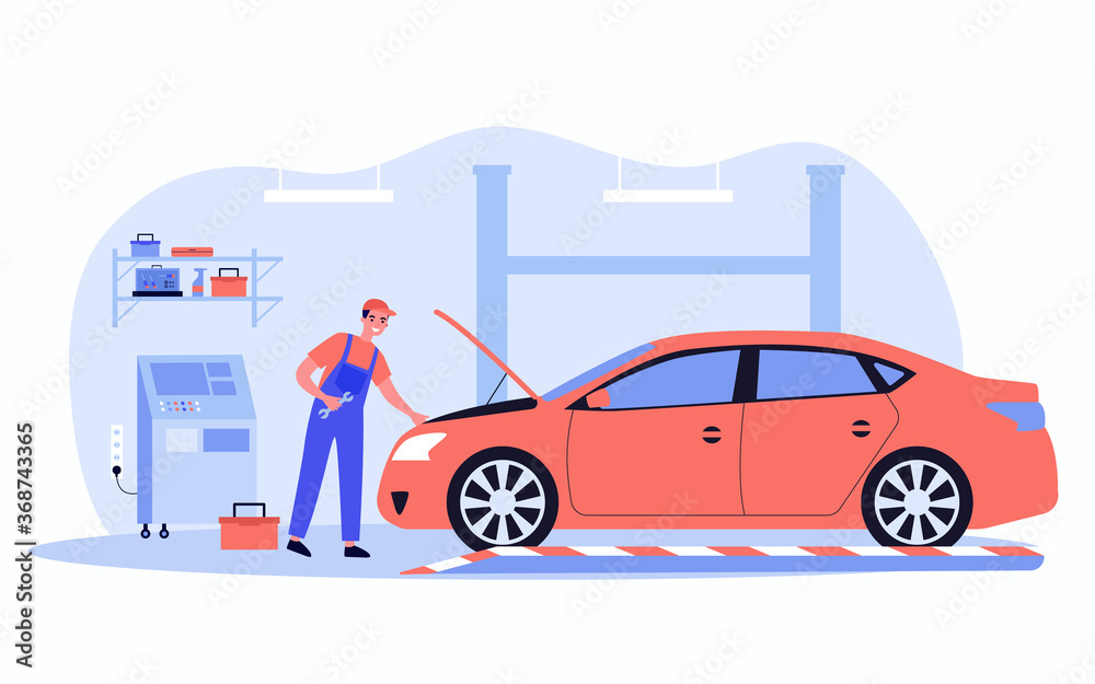 Vettoriale Stock Mechanic repairing car in garage isolated flat vector ...