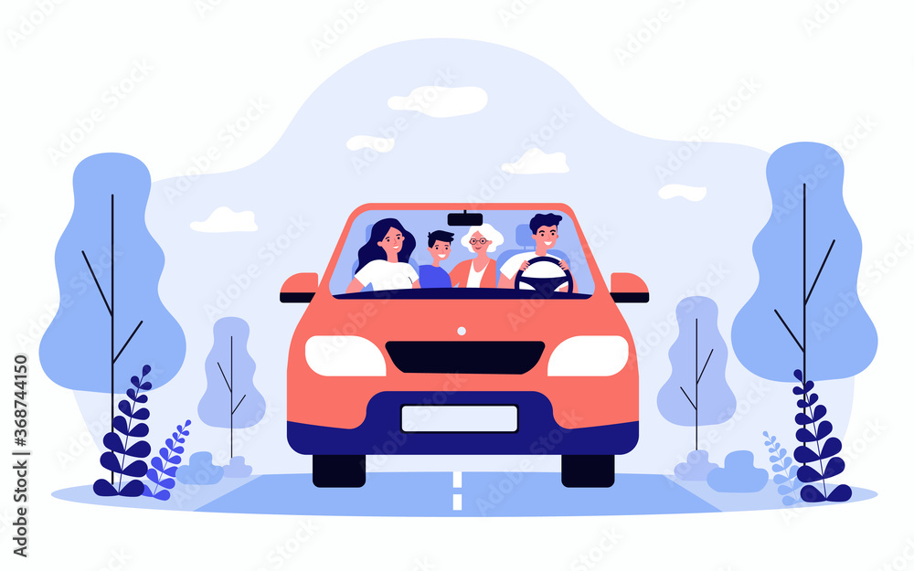 Vecteur Stock Happy family travelling in car isolated flat vector ...