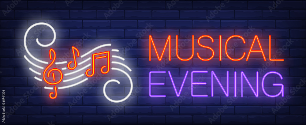 Musical evening neon sign. Glowing inscription with red music sheets on ...