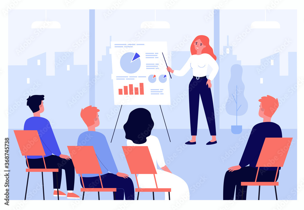 Businesspeople learning finance lecture with coach or speaker isolated ...