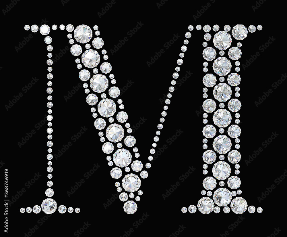 Letter "M" with diamonds isolated on black background. Diamond font ...