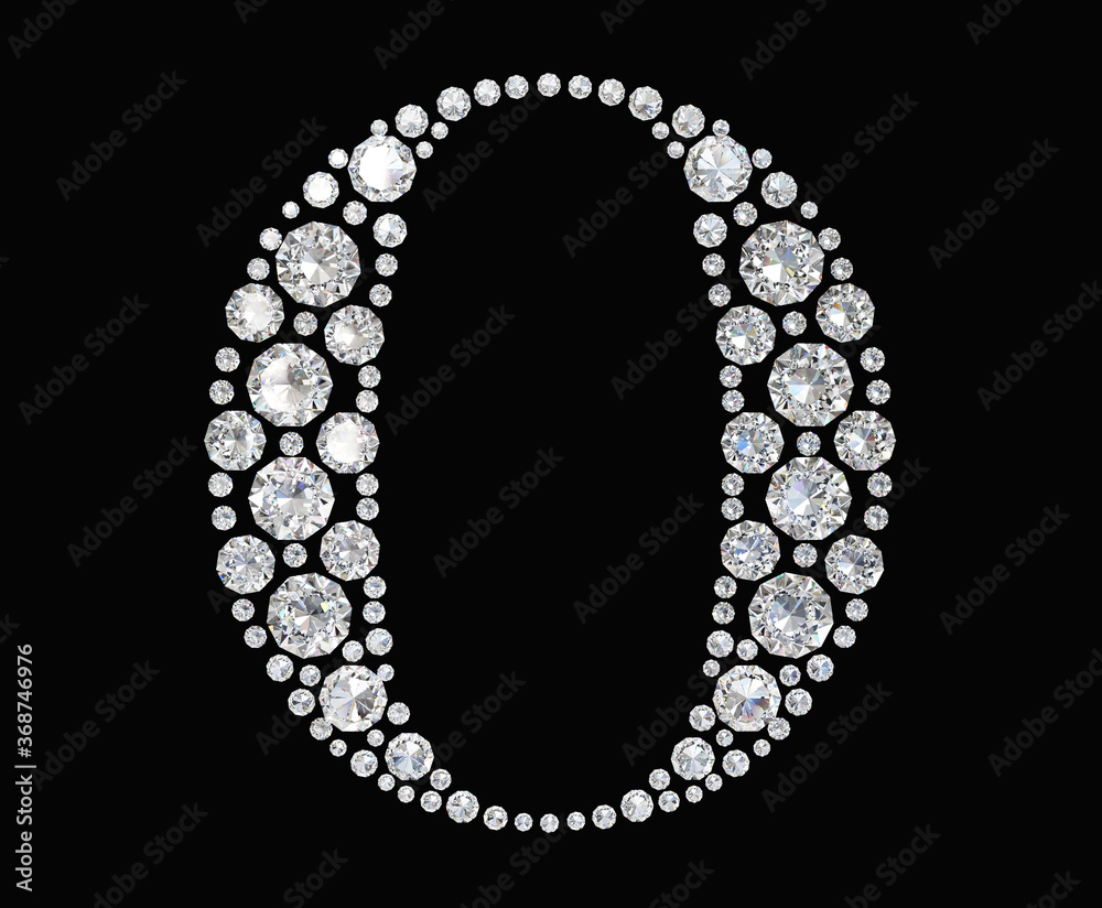 Letter "O" with diamonds isolated on black background. Diamond font ...