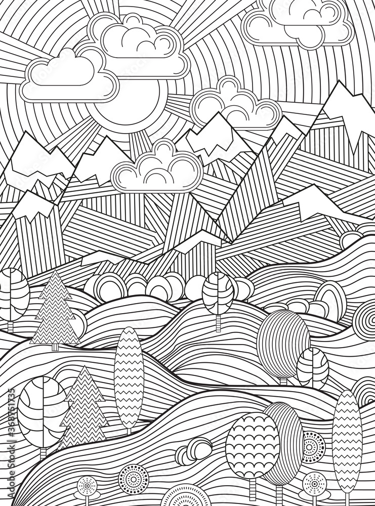 Landscape of geometric elements with lines. Anti stress coloring ...