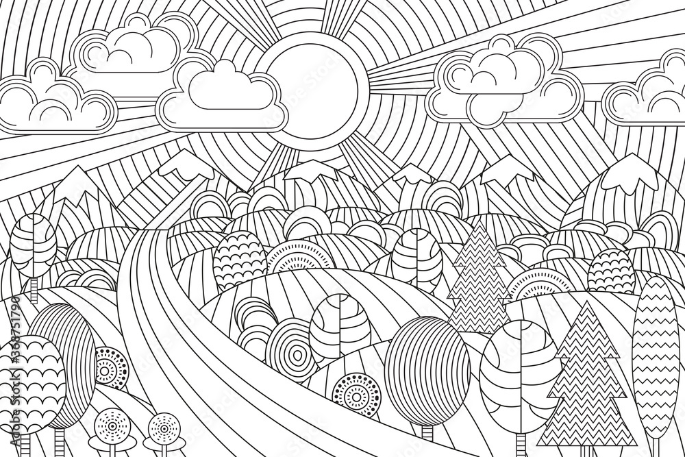 Landscape of geometric elements with lines. Anti stress coloring ...