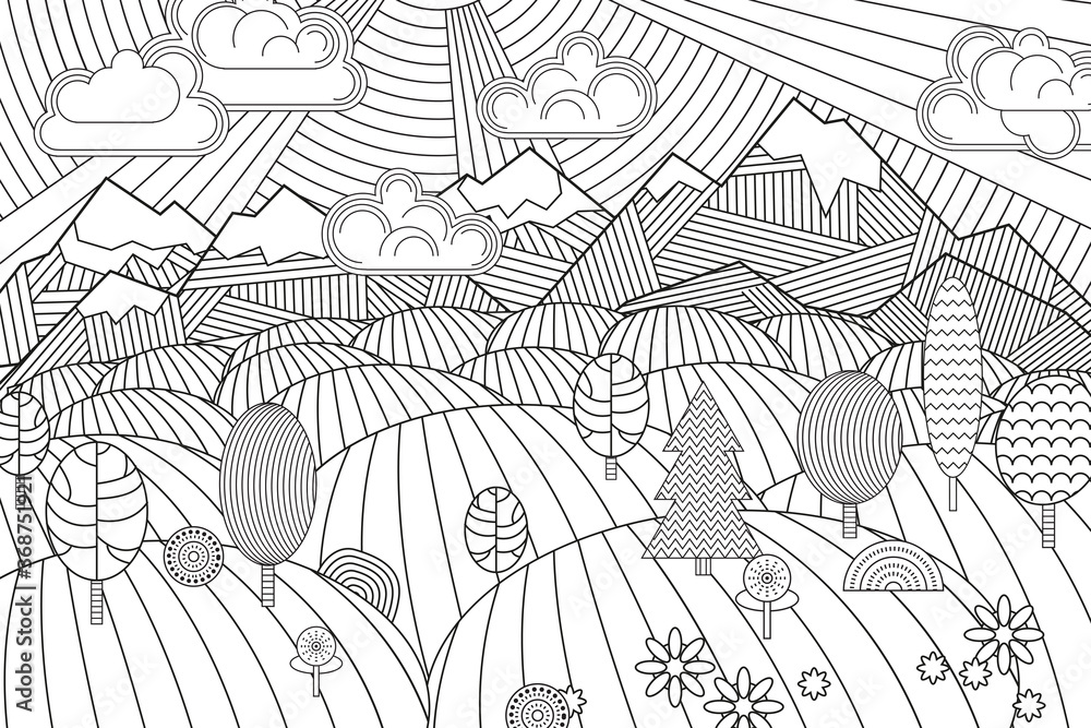 Landscape of geometric elements with lines. Anti stress coloring ...