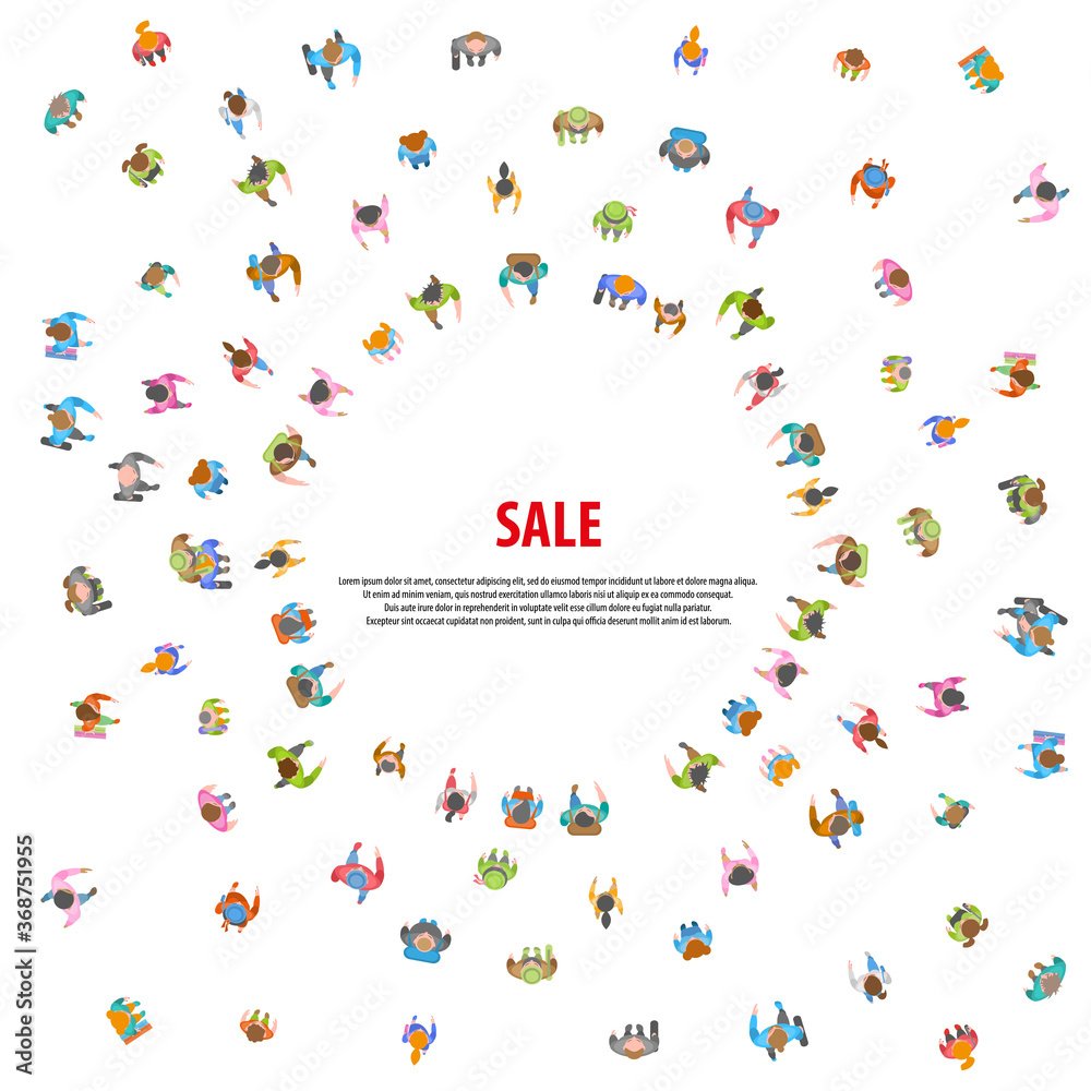 A large group of people crowds in the shape of a circle. Top view ...