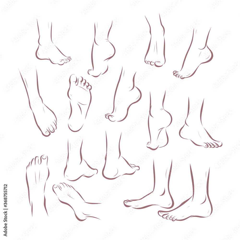 Collection of bare human man and woman feet arranged in different poses ...