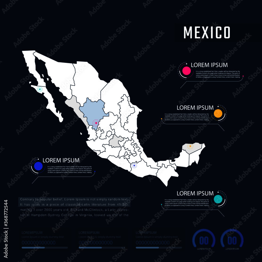 Mexico country map infographics vector with pointer marks and circle ...