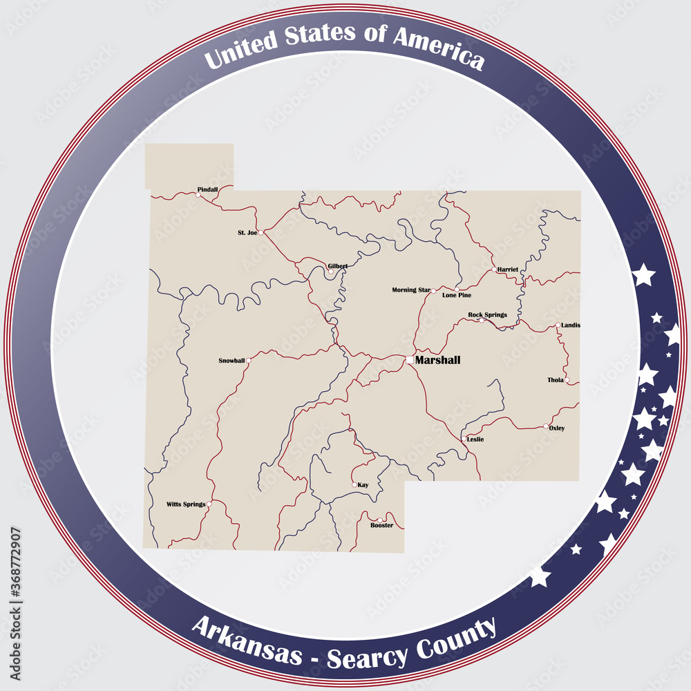 Round button with detailed map of Searcy County in Arkansas, USA. Stock ...