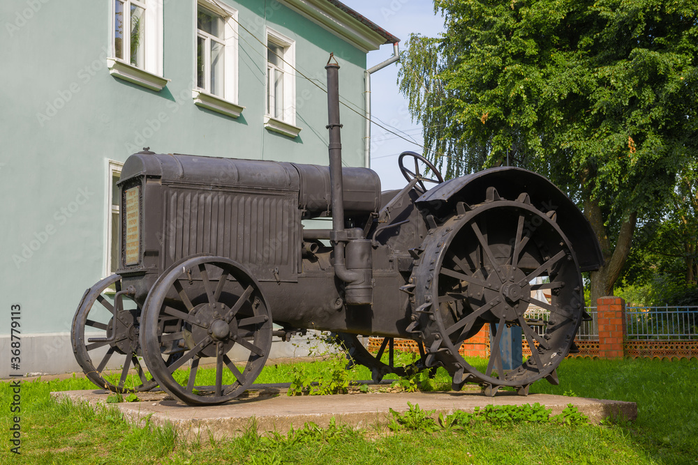 GDOV, RUSSIA - JULY 19, 2020: Old Soviet tractor SHTZ 15/30 close up ...