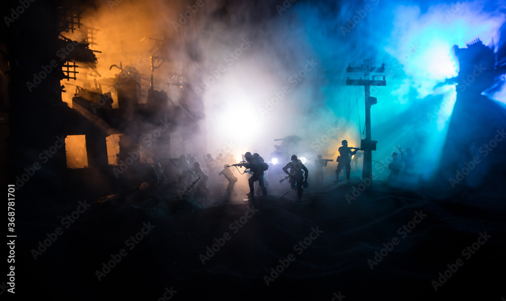 War Concept. Military silhouettes fighting scene on war fog sky ...