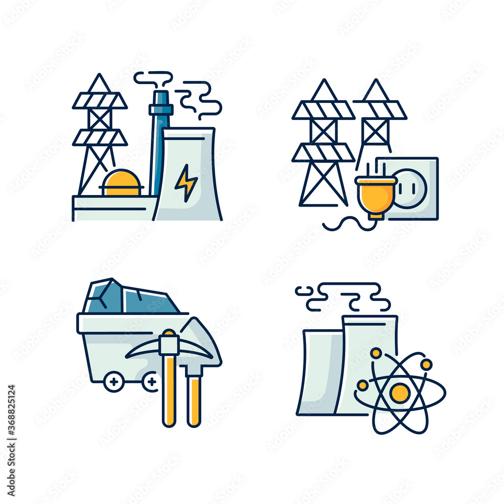 Energy manufacturing RGB color icons set. Electric power station ...