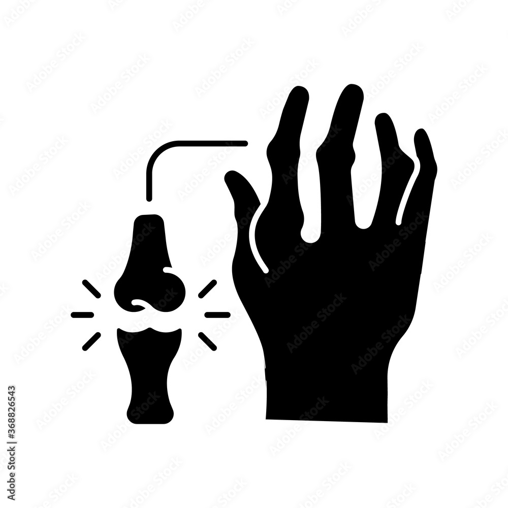 Rheumatoid arthritis black glyph icon. Pathological disease. Damaged ...