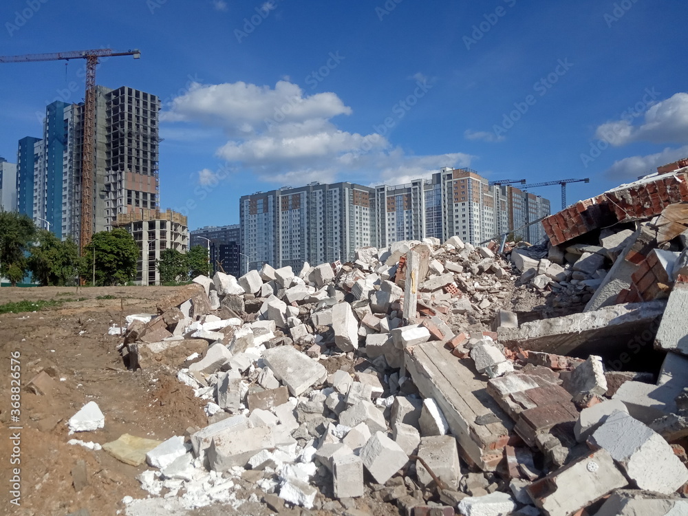 destroyed building, earthquake, pile of rubble and debris, city ...