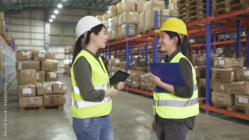 Vídeo do Stock: two asian korean female workers wearing helmets and ...