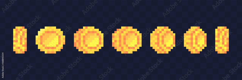 Pixel game coins animation. Golden pixelated coin animated frames ...