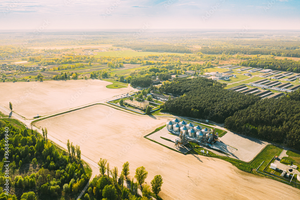 Aerial View Modern Granary, Grain-drying Complex, Commercial Grain Or ...