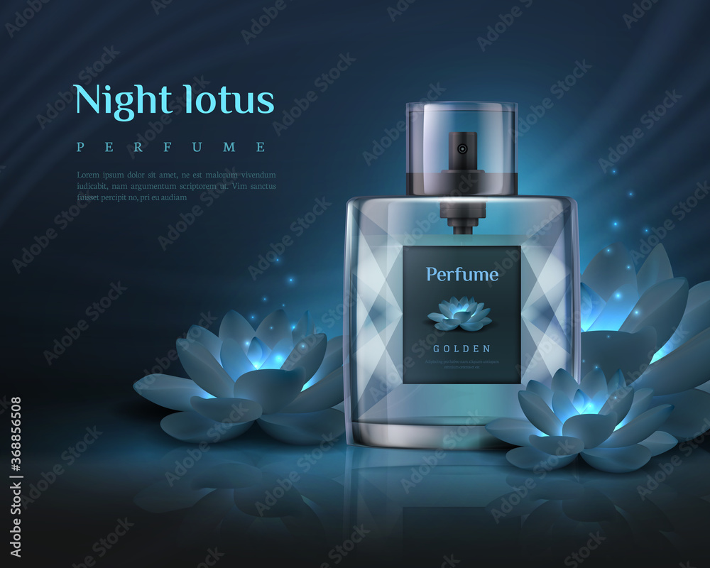 Perfume ad. Realistic fragrance glass bottle mockup, perfume luxury ...