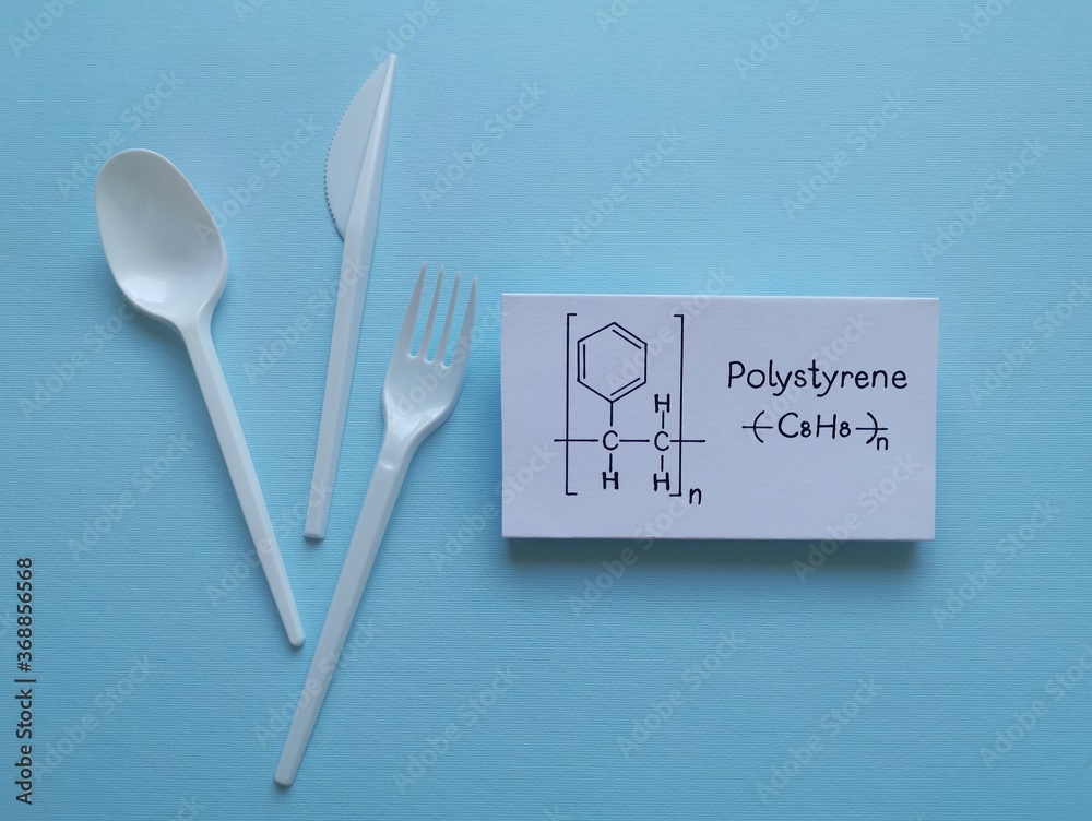 Structural chemical formula of polystyrene molecule with disposable ...