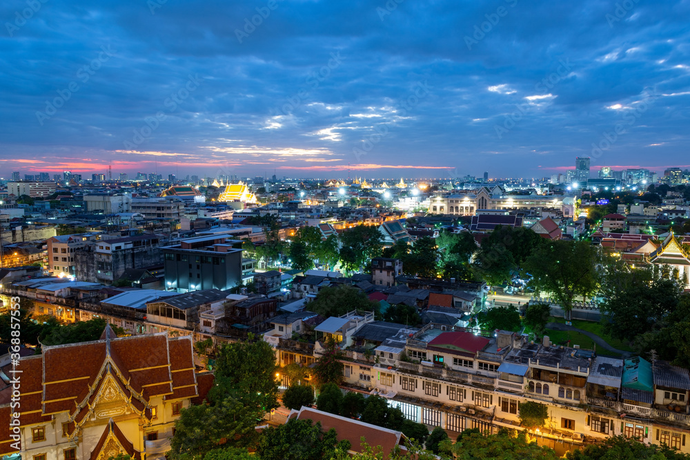 Bangkok Thailand night skyline panoramic view of city golden temples ...