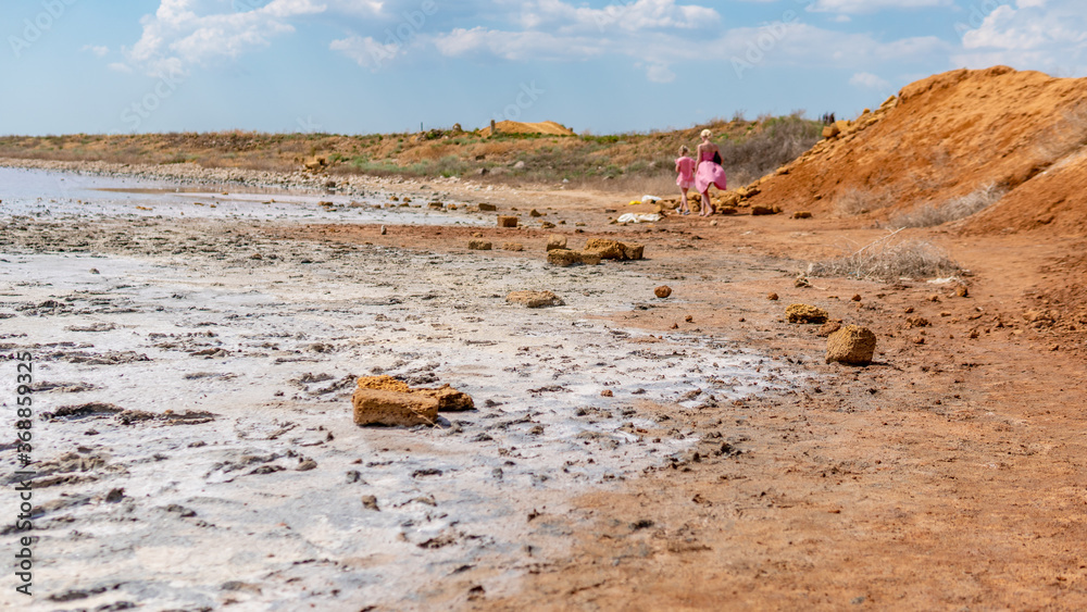 Pink lake made of salt, sea salt, created from microscopic unicellular ...