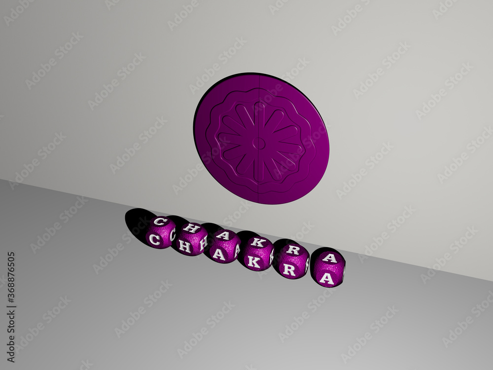 3D illustration of chakra graphics and text made by metallic dice ...