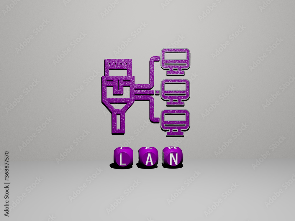 3D illustration of lan graphics and text made by metallic dice letters ...