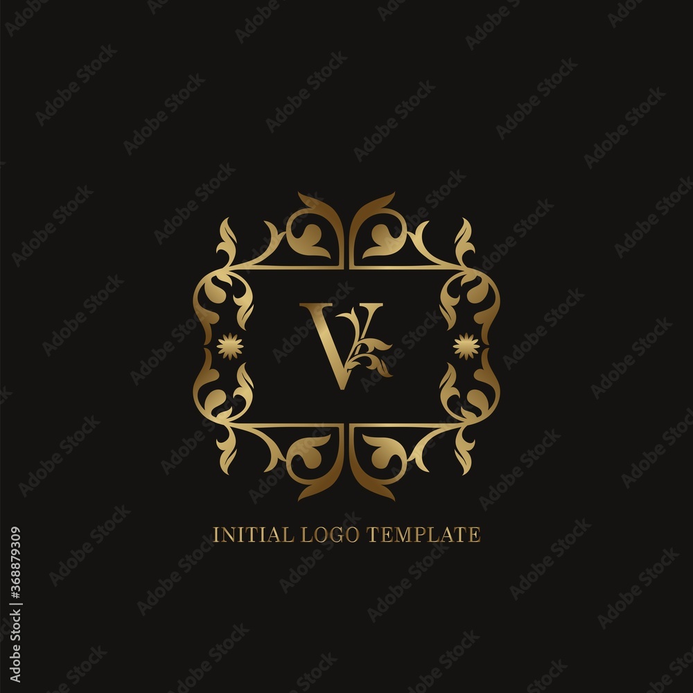 Gold V Initial logo. Frame emblem ampersand deco ornament monogram ...
