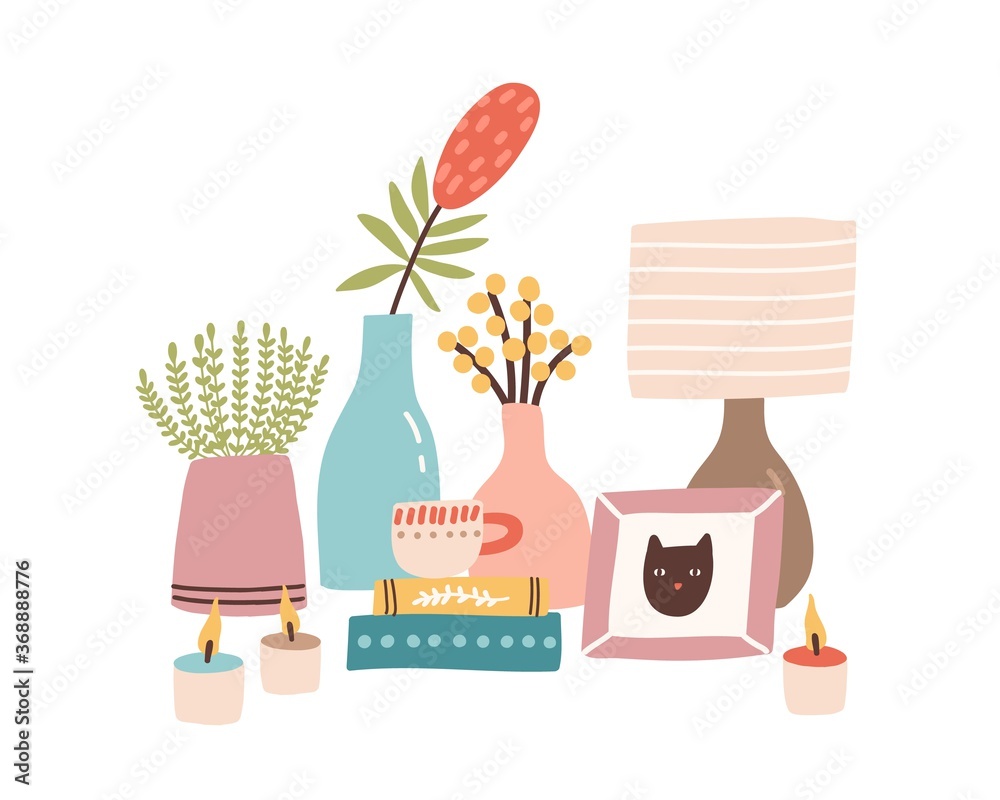 Home decor accessories on dressing bedside table. Modern girl items ...