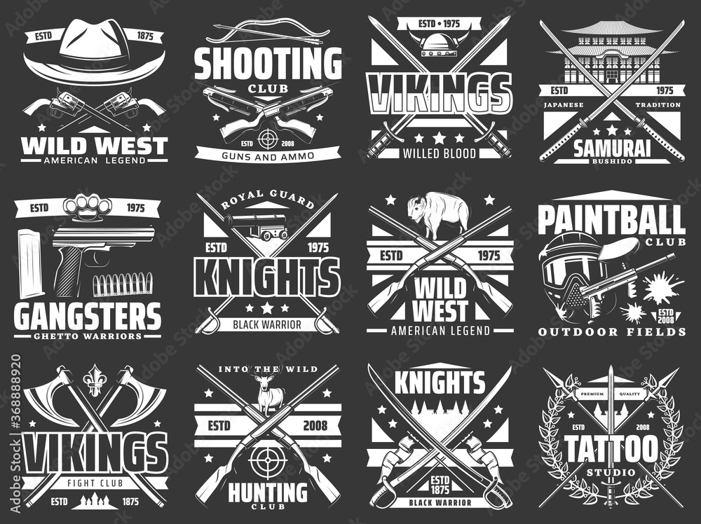 Weapon heraldic icons with vector hunting rifles, guns and knives ...