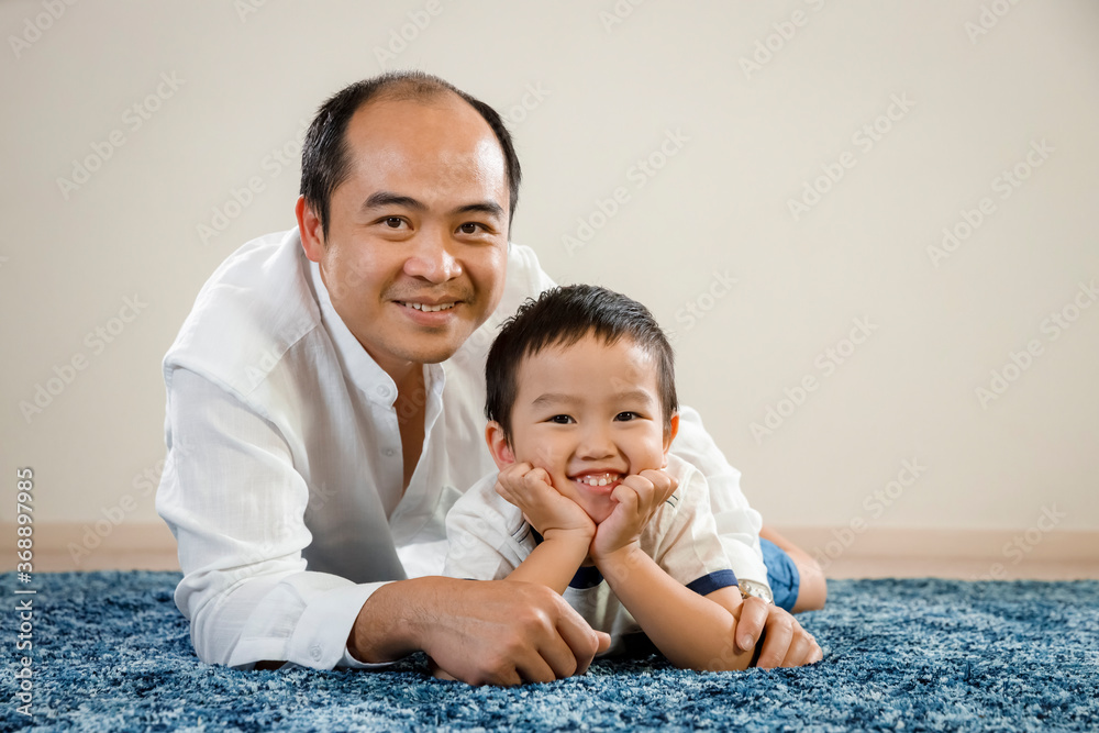 Asian father and son portrait, fathers day concept, happy, smiling ...
