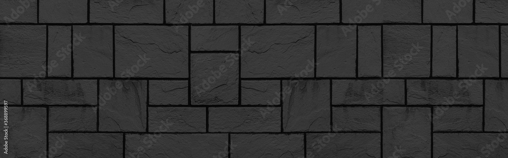 Panorama of Block pattern of black stone cladding wall tile texture and ...