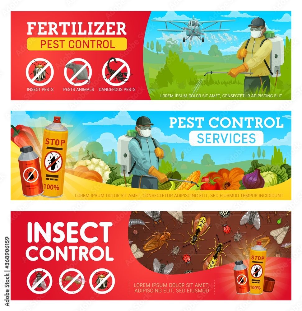 Pest control service vector banners with pest insects, bugs, rodent ...