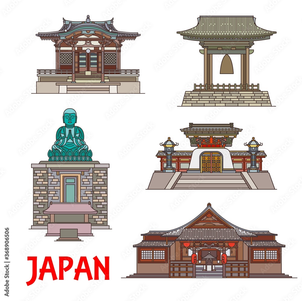 Travel landmarks of Japan vector thin line. Japanese building and ...