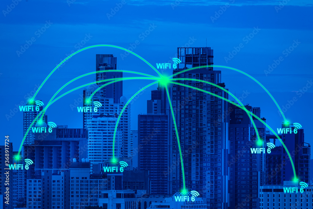Wifi6 network graphic show technology signal diagram with building ...