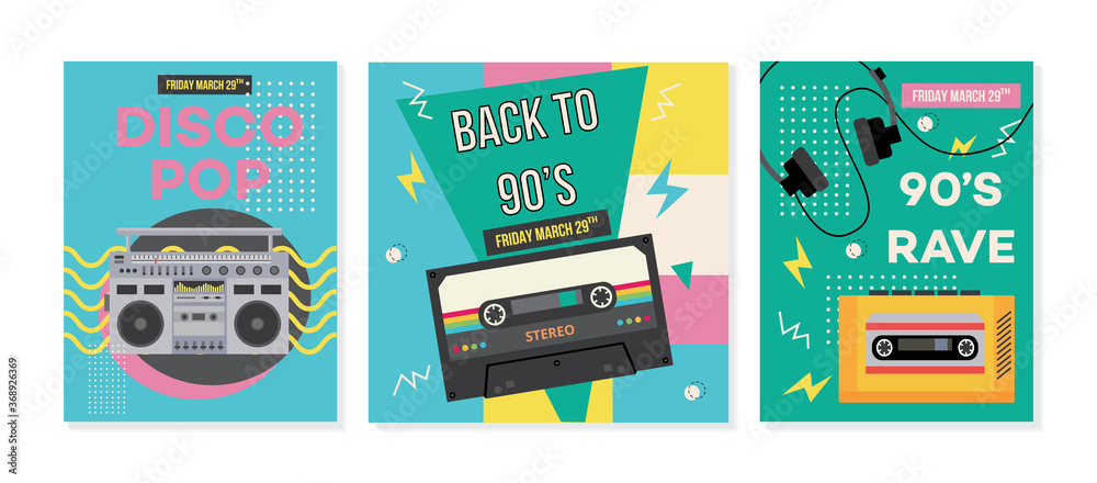 Colorful 90's disco pop rave poster template set with cassette tapes ...