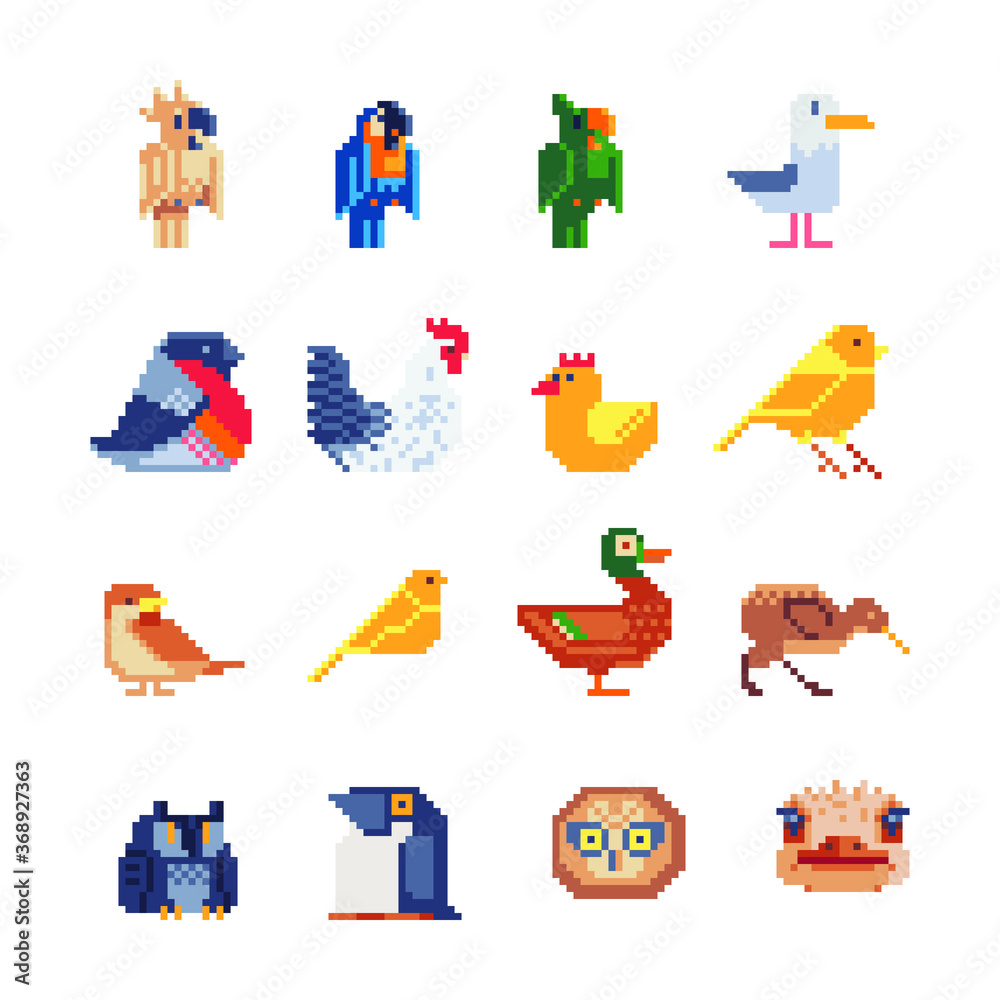 Birds icons set. Popular collection of bird species. Pixel art style ...