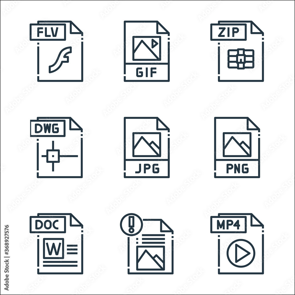 file type line icons. linear set. quality vector line set such as mp ...