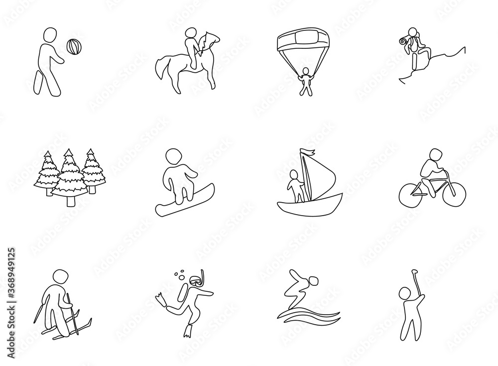 active recreation hand drawn linear vector icons isolated on white ...