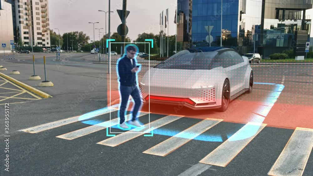 Self-Driving 3D Car Concept: Person Steps on a Crosswalk, Autonomous ...