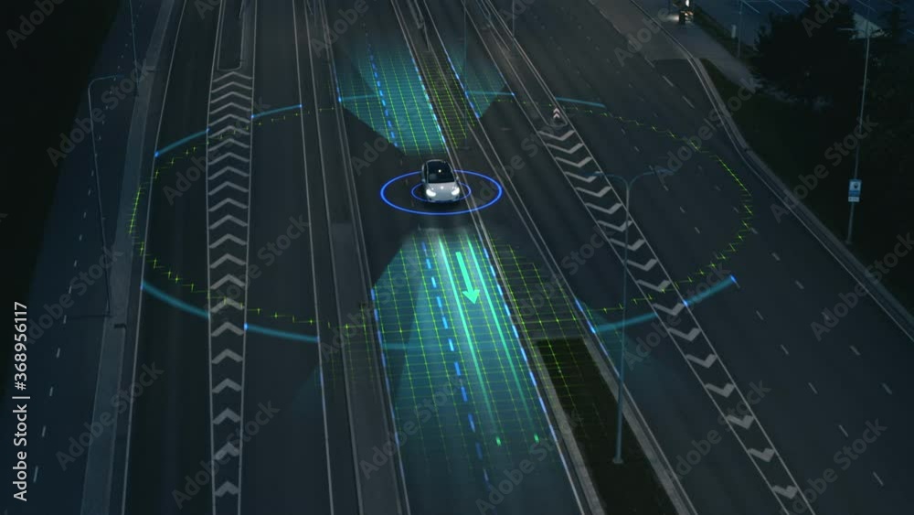 Following Aerial Drone View: Autonomous Self Driving Car Moving Through ...