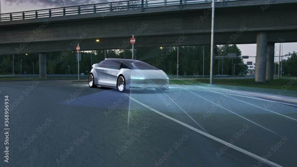 Autonomous Self-Driving 3D Car Moving Through City Highway. Animated ...